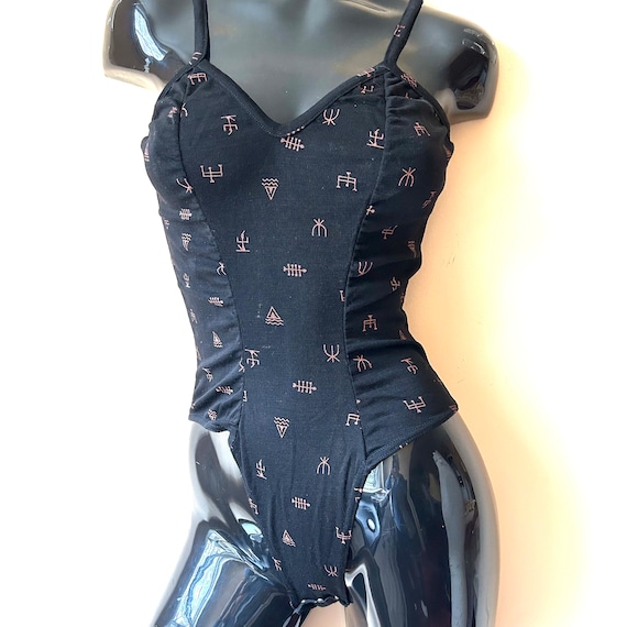 Italian Bodysuit with Spaghetti Straps, Black Wool P… - Gem