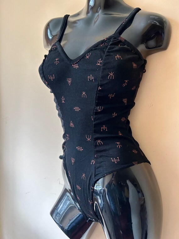 Italian Bodysuit with Spaghetti Straps, Black Wool P… - Gem