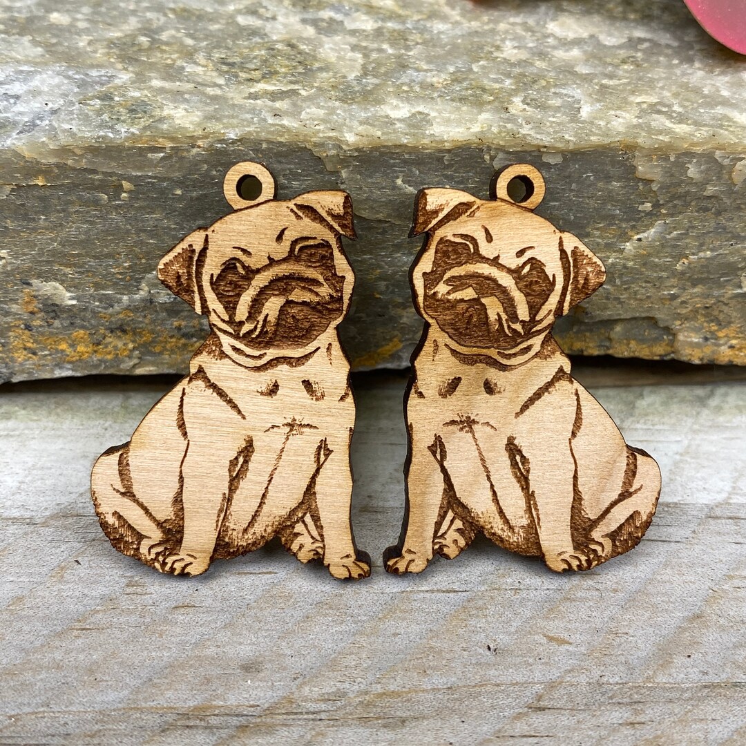 SS421C Adorable Pug in Unfinished Solid Hardwood Engraved Charms 1.5 X ...