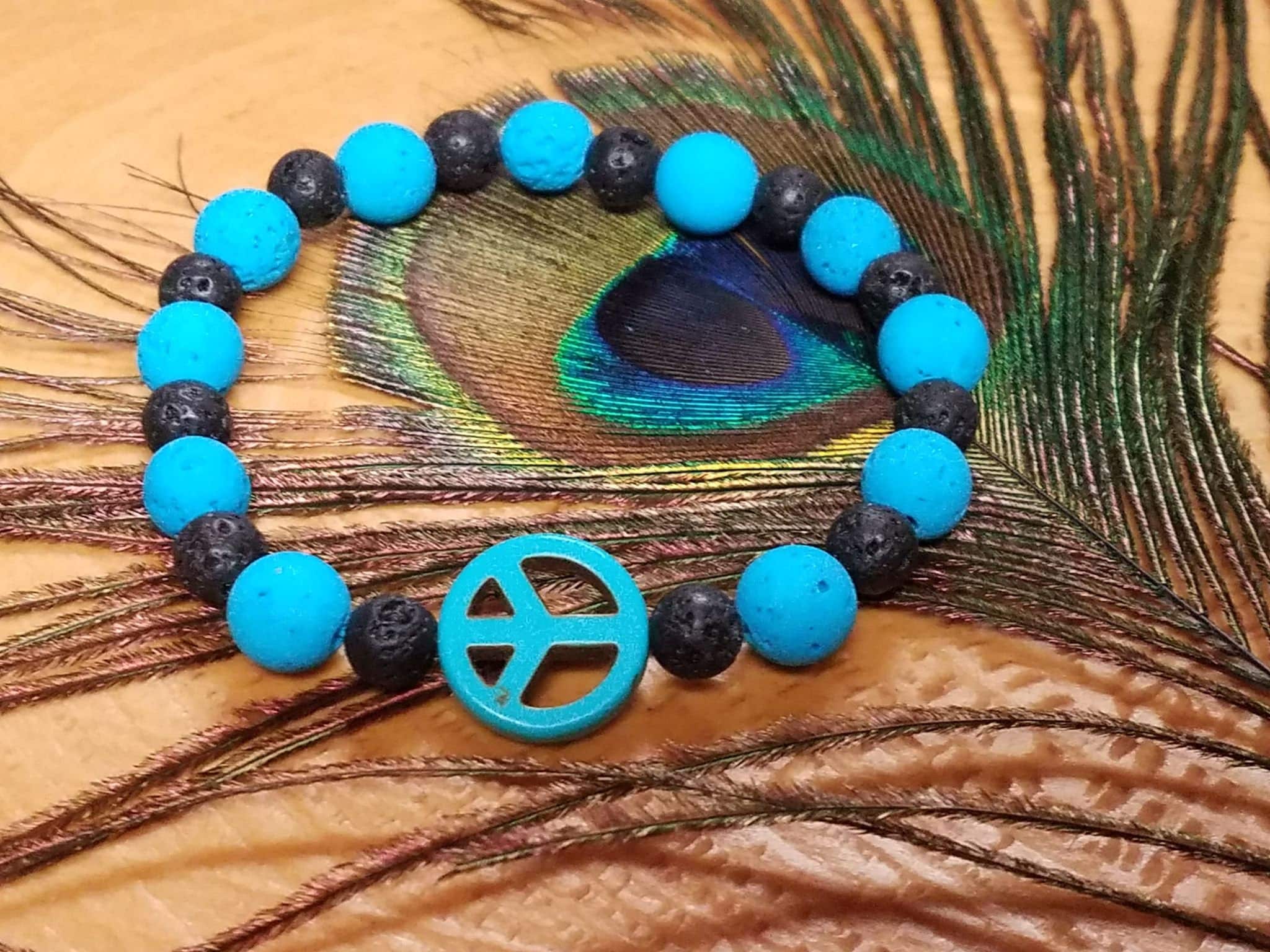 Peace Sign Teal & Black Lava Stone Bracelet for Essential Oils - One of ...