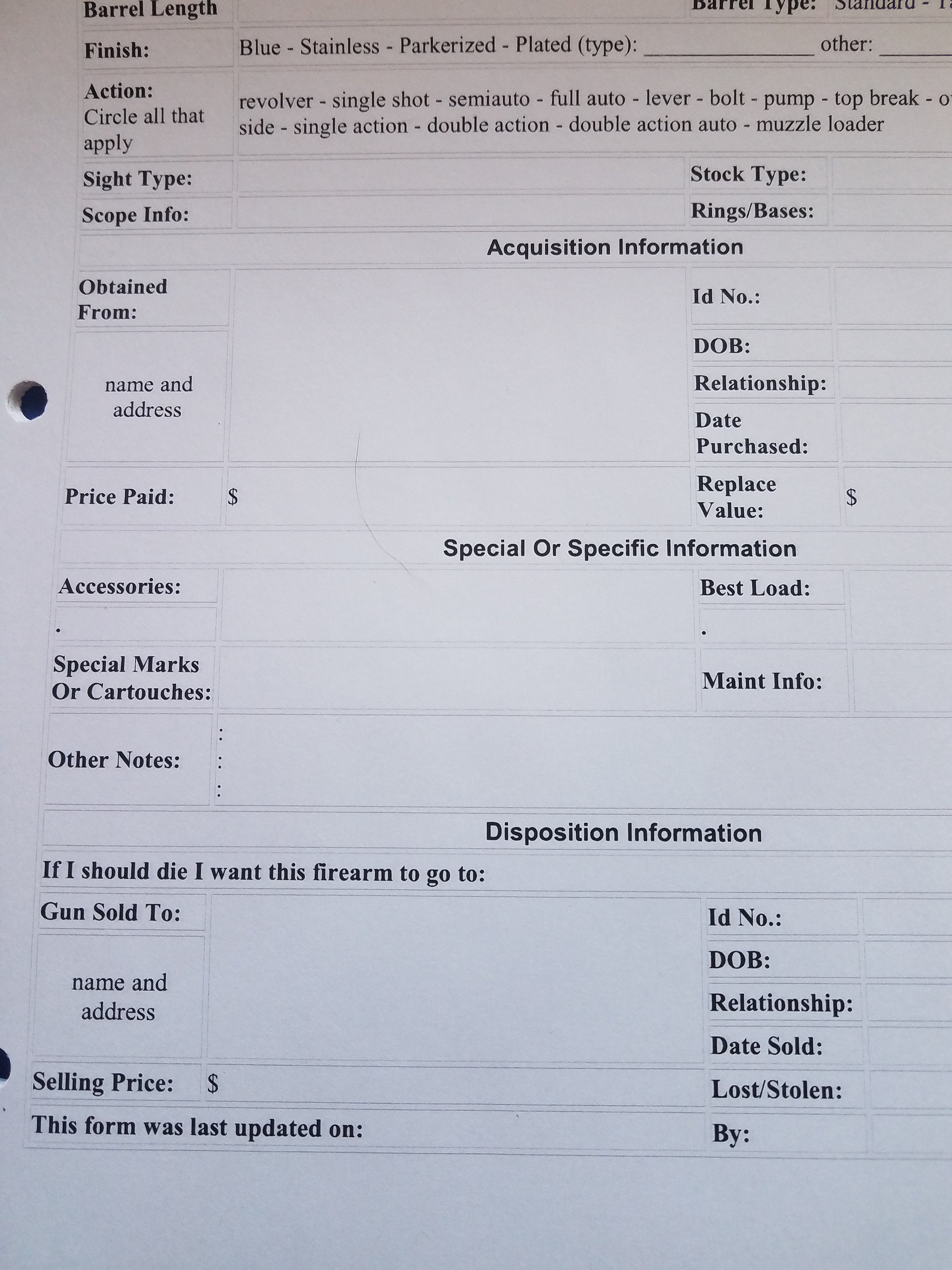 25 Sheets Firearm Gun Data or Inventory Sheets 3 Hole Punched - Etsy