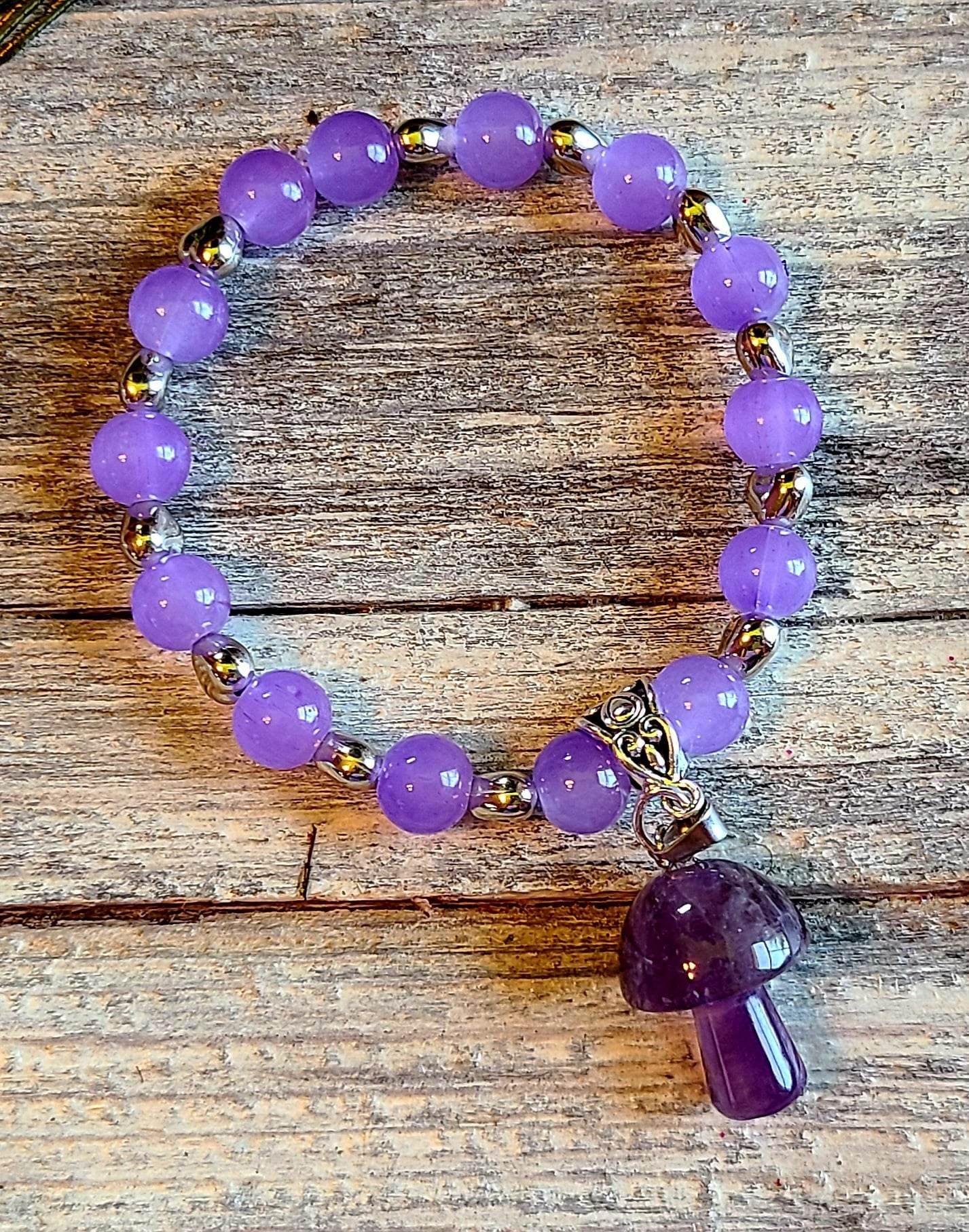 Purple Beaded Bracelet With Mushroom Shroom Charm-stretchy - Etsy