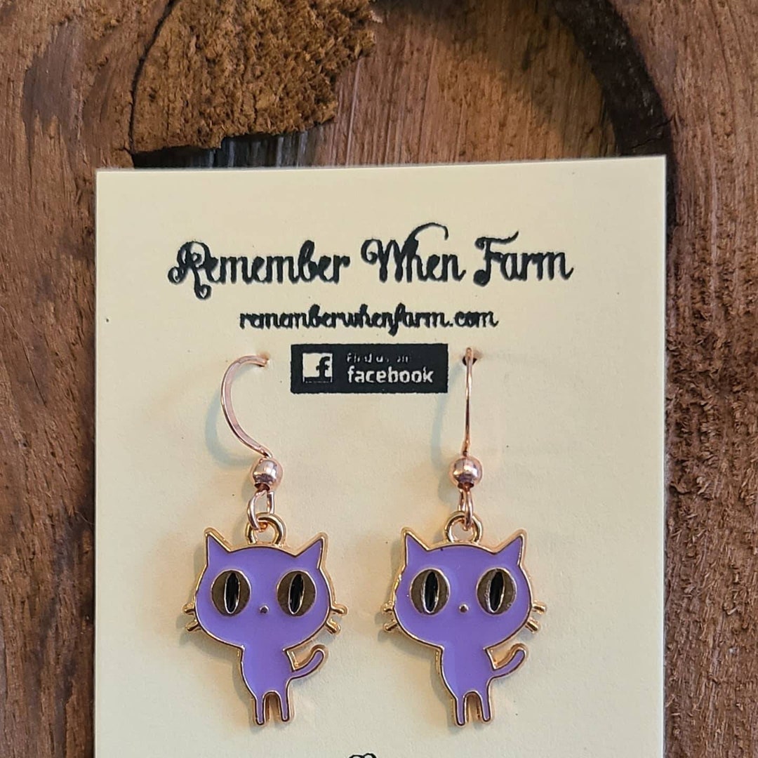 Purple Kitty Gold Earrings Fish Hook Dangle Style - Etsy