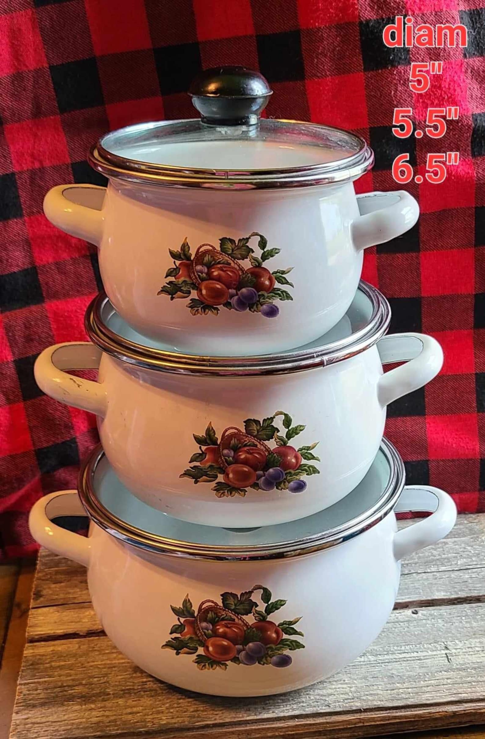 Vintage Enamelware Nesting Dishes Pots With Handles & Glass Lids Basket ...