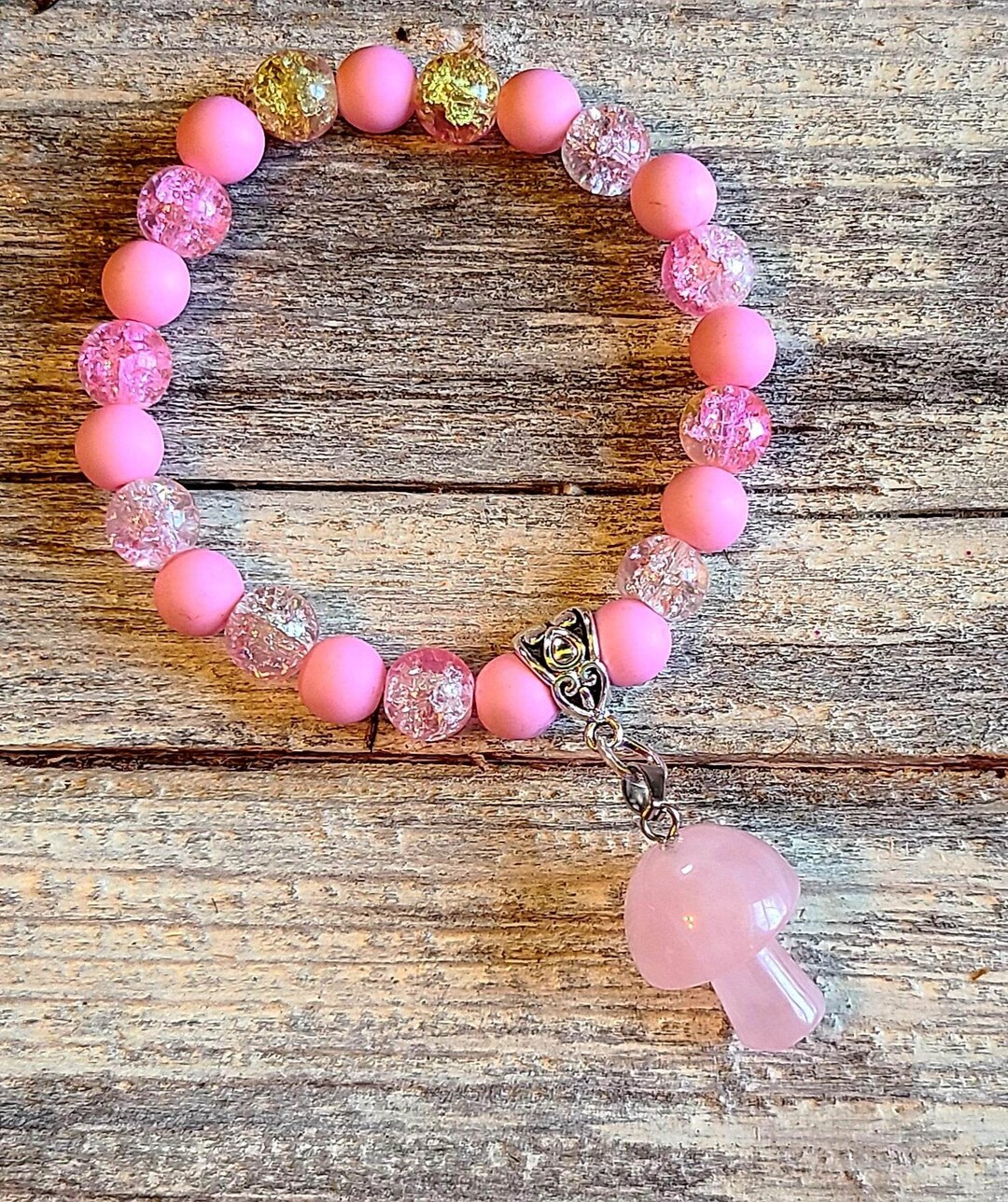 Pink Beaded Bracelet With Mushroom Shroom Charm-stretchy - Etsy