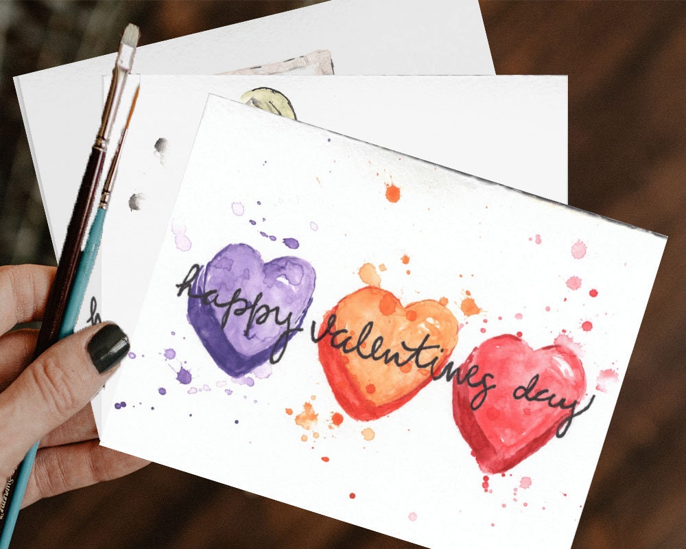 Watercolor Card Bundle: Valentines Day Cards, Painted Card, Handpainted ...