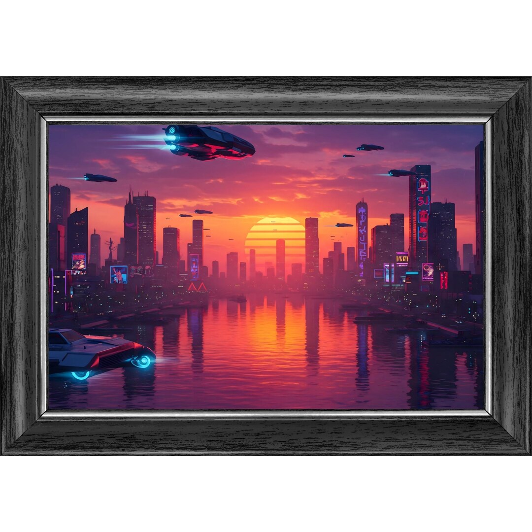 Cyberpunk City Art Sunset Print | Futuristic Skyline Wall Art | Neon ...