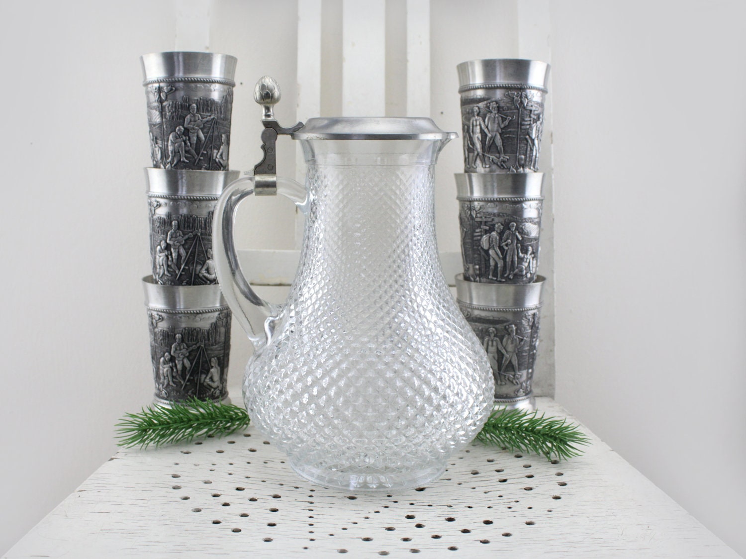 Vintage. Crystal Carafe Jug With Pewter Lid and 6 Pieces Tin - Etsy