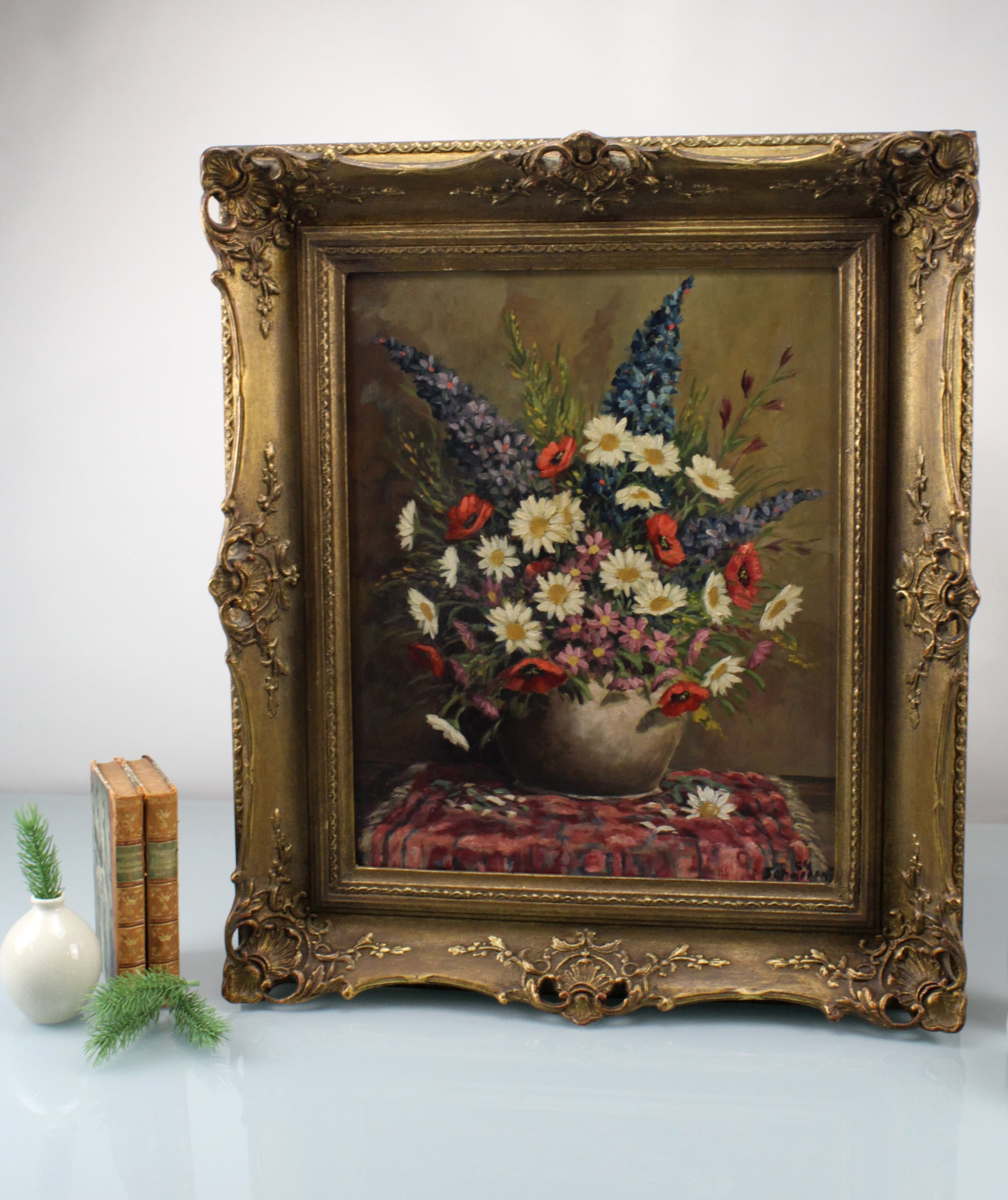Artwork Oil Painting 50s Flower Painting Wall Picture With Wooden ...