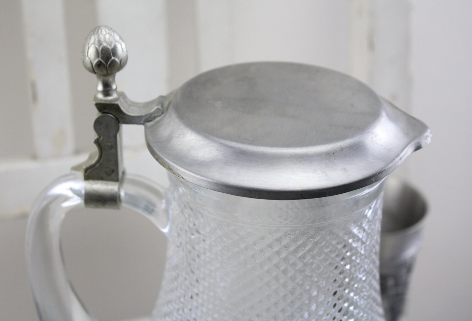 Vintage. Crystal Carafe Jug With Pewter Lid and 6 Pieces Tin - Etsy