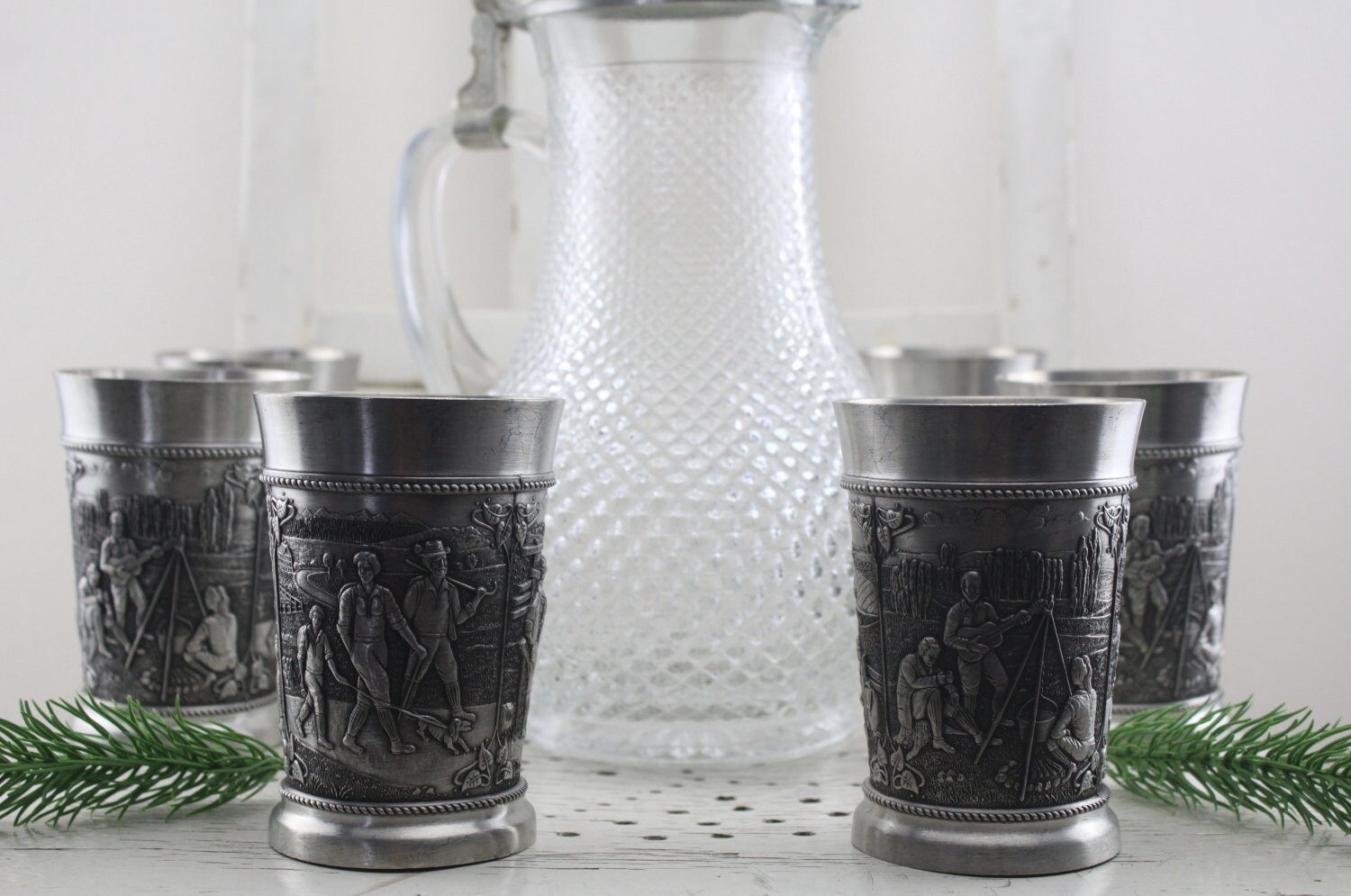 Vintage. Crystal Carafe Jug With Pewter Lid and 6 Pieces Tin - Etsy