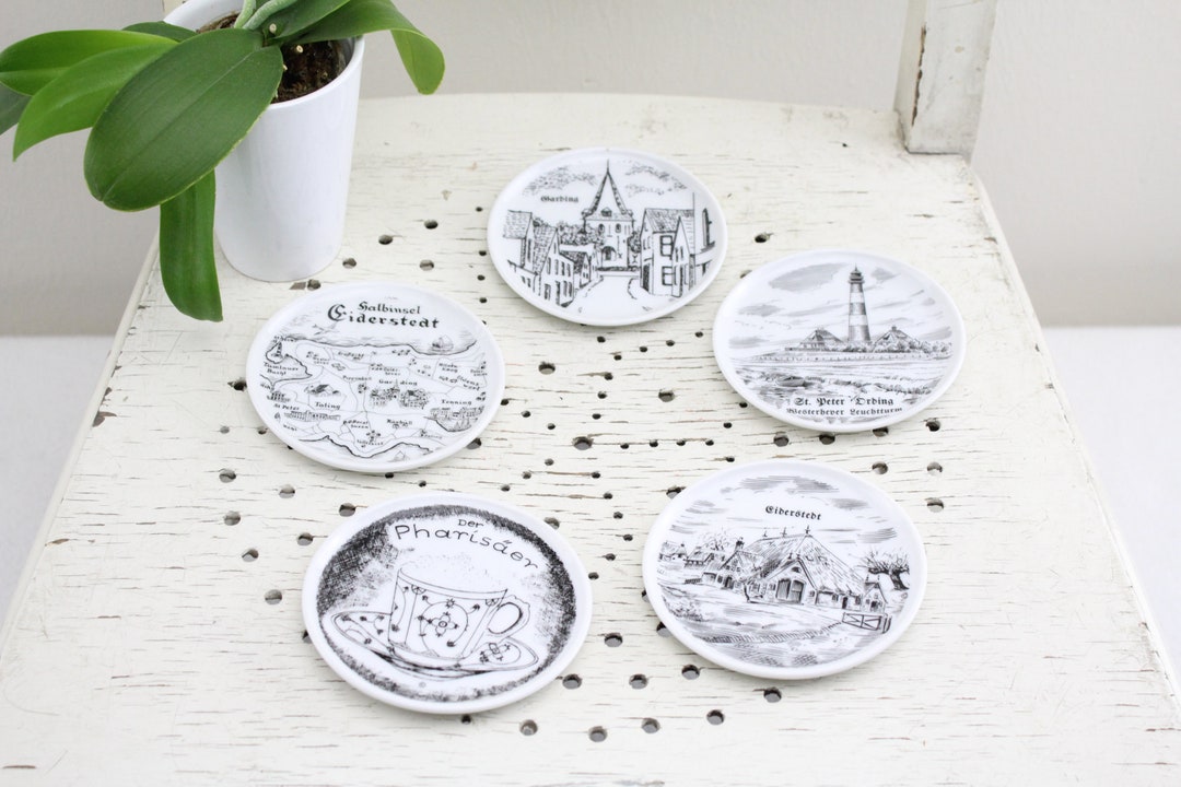 Mid Century 5 Piece Porcelain Coasters 60s Bar Decoration Table Decor ...