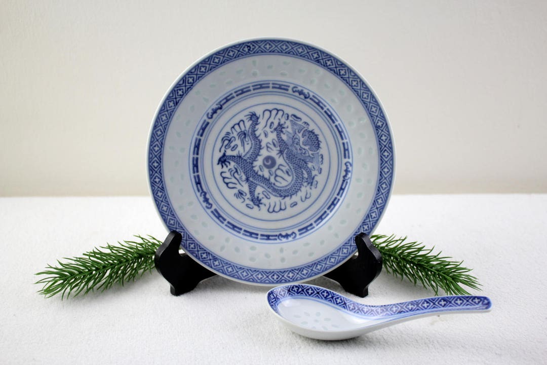 Vintage Rice Porcelain Tableware Set 2 Pieces Blue White China Dragon ...