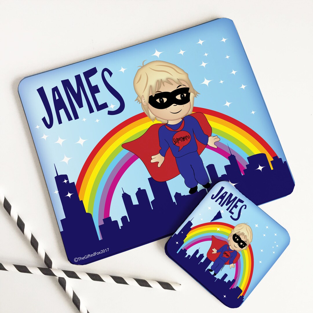 Personalised Kids Placemat Superhero Wooden Glossy Placemat & Coaster ...