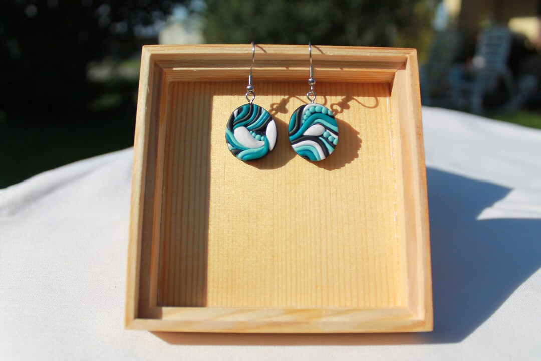 Small Teal, Black and White Abstract Dangle Earrings - Etsy