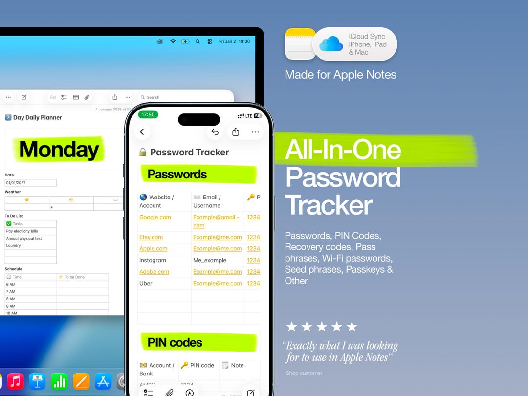 All-in-one Password Tracker Template for Apple Notes App | Password ...