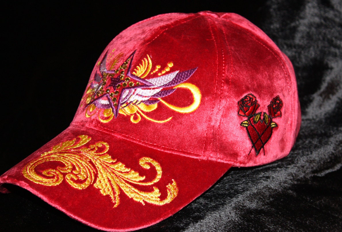 Pink Woman Baseball Cap Stars and Wings Organic Silk Velvet Hat Urban ...