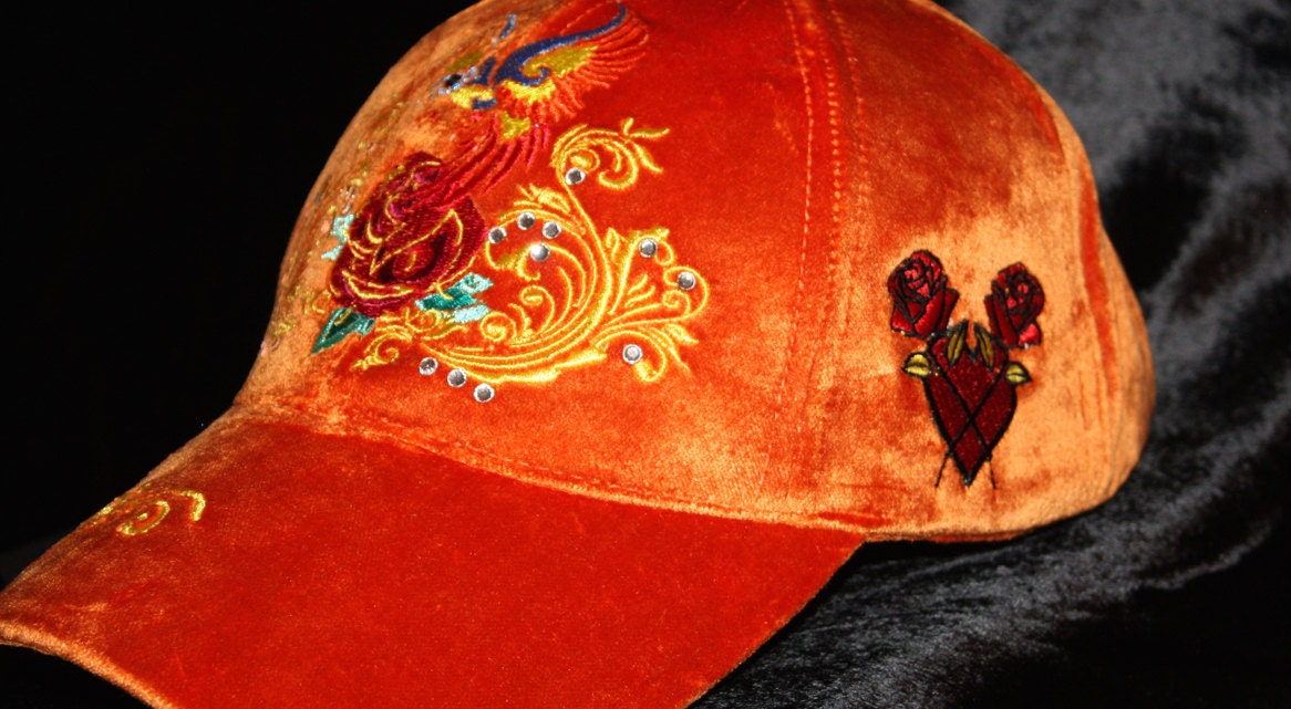 Orange Baseball Cap Queen Bird Silk Velvet Embroidery Glam Rock Rebel ...