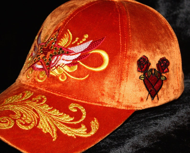 Orange Silk Velvet Women Baseball Cap Stars&wings Glam Rock Rebel Chic ...