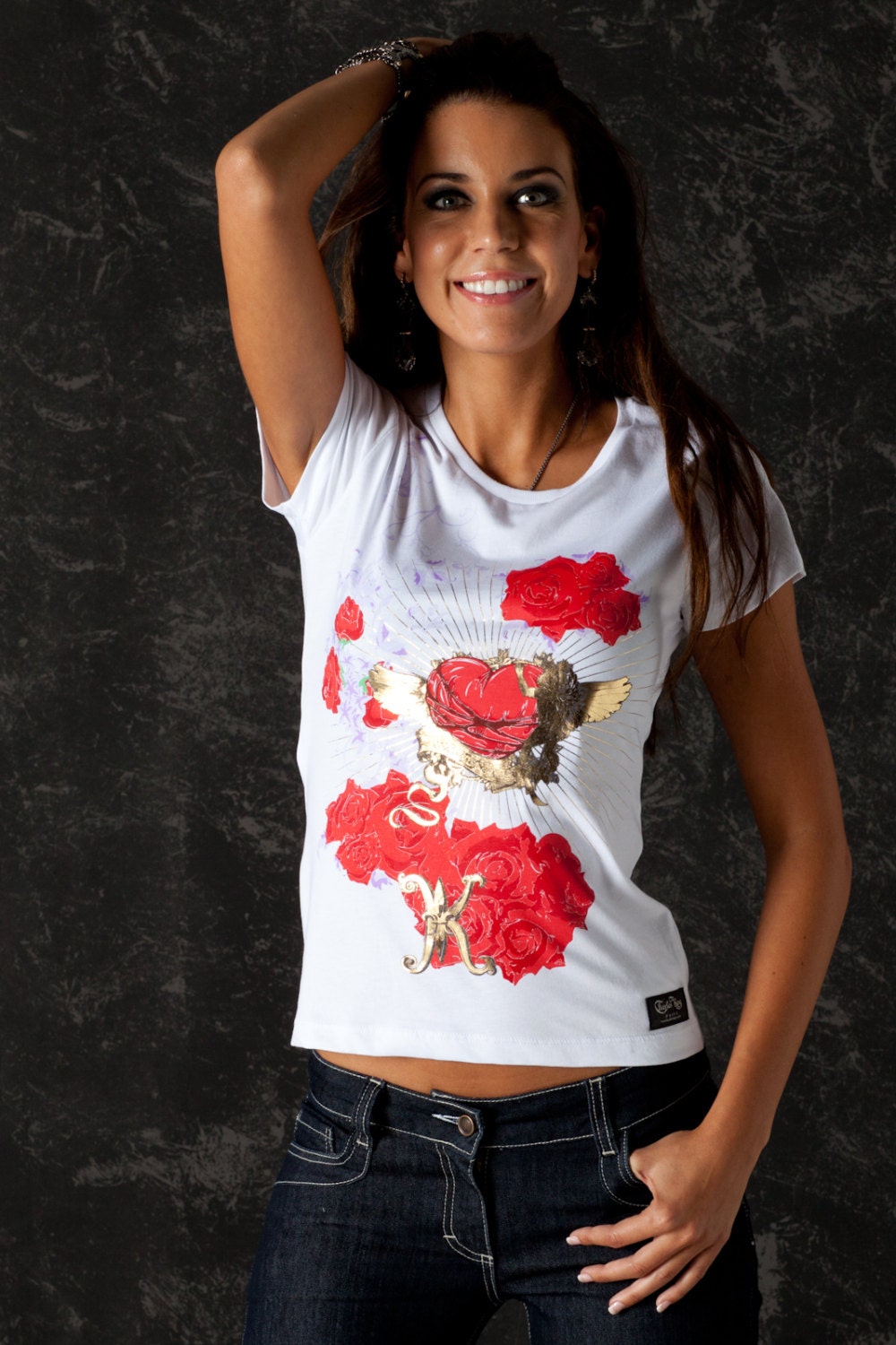 Glam Rock Women T-shirt Angel and Roses White Color Cool Urban Clothing ...