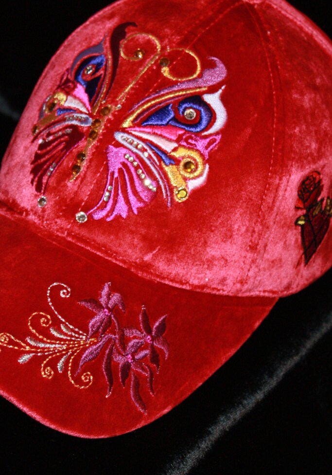 Butterfly Women Cap Art Design Glam Rock Silk Velvet Pink Flower Design ...
