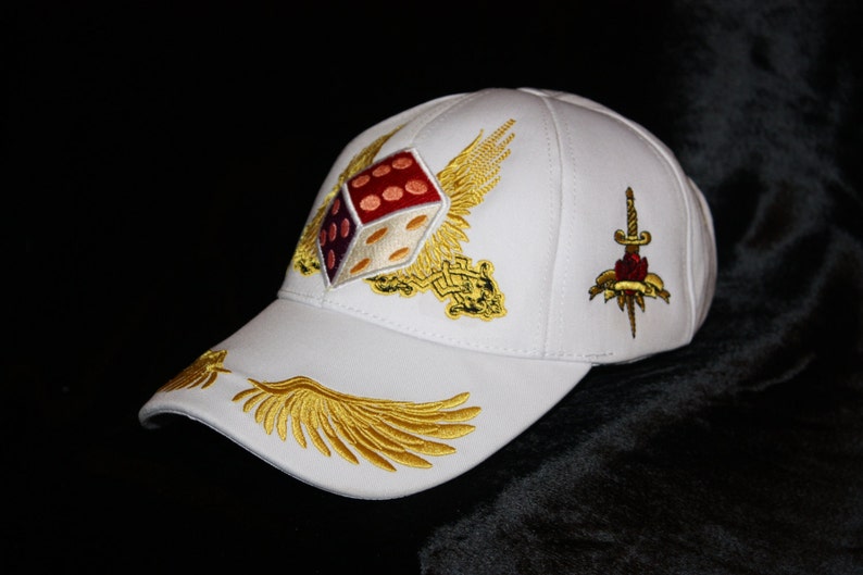 White Baseball Cap Men Dice of Zeus Gabardine Embroideries Glam Rock ...