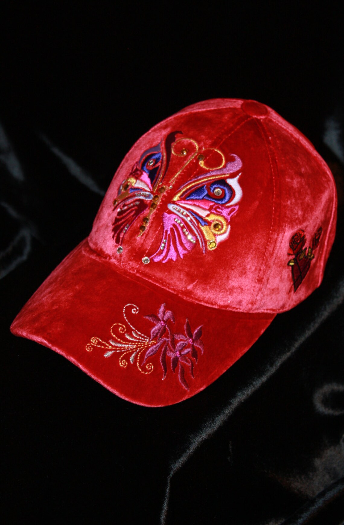 Butterfly Women Cap Art Design Glam Rock Silk Velvet Pink Flower Design ...