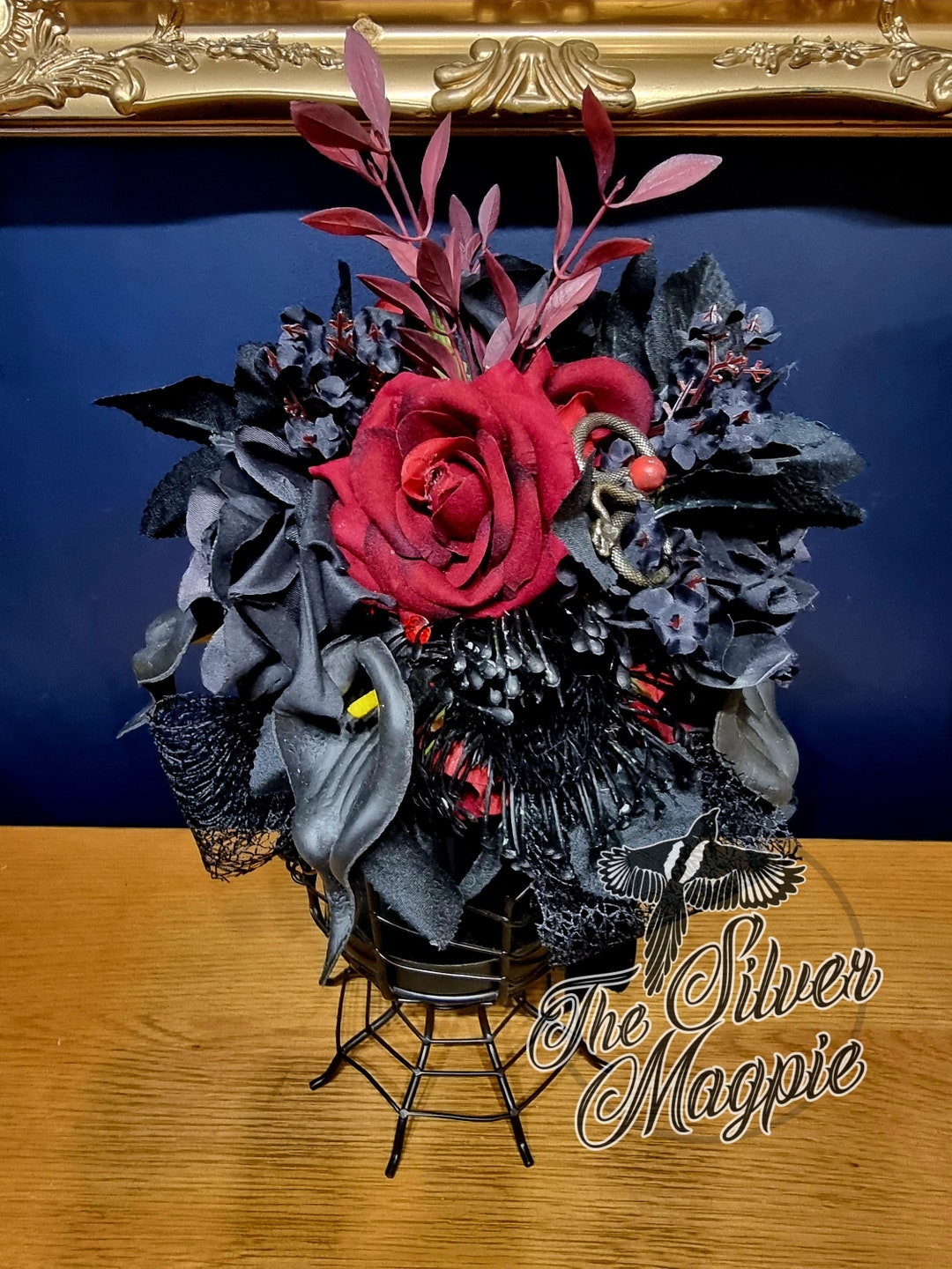 Handmade Gothic Wedding Bouquet: Black Red Roses, Snake, Lilies Vamp ...