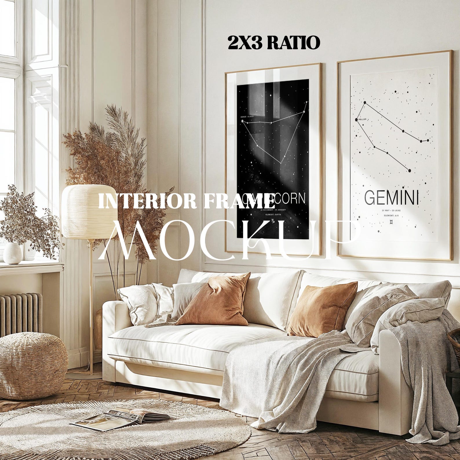 Two Glass Framed Posters Mockup Living Room.psd Template Art Display ...
