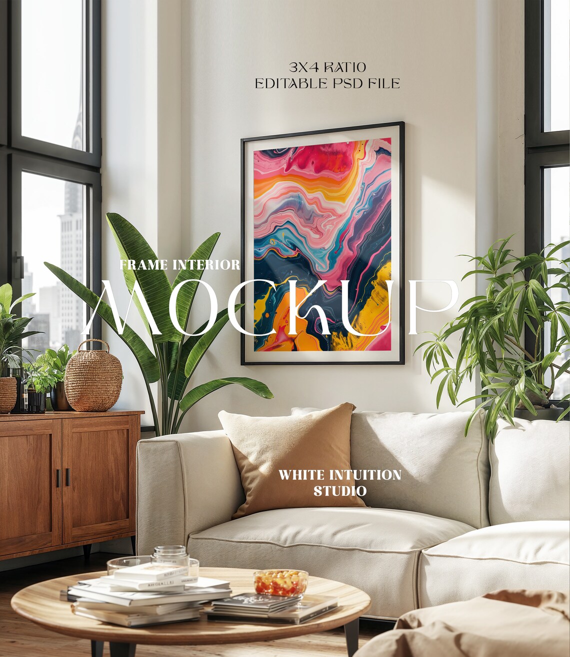 Framed Poster Mockup. Cozy Loft Scene With Plants. Template for Art ...