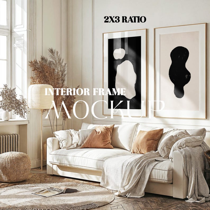 Two Glass Framed Posters Mockup Living Room.psd Template Art Display ...
