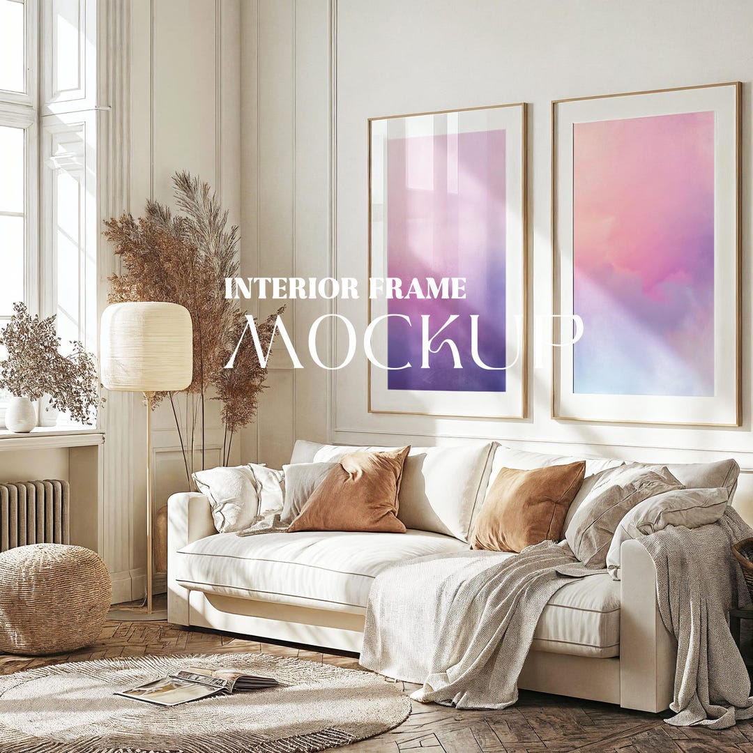 Two Glass Framed Posters Mockup Living Room.psd Template Art Display ...