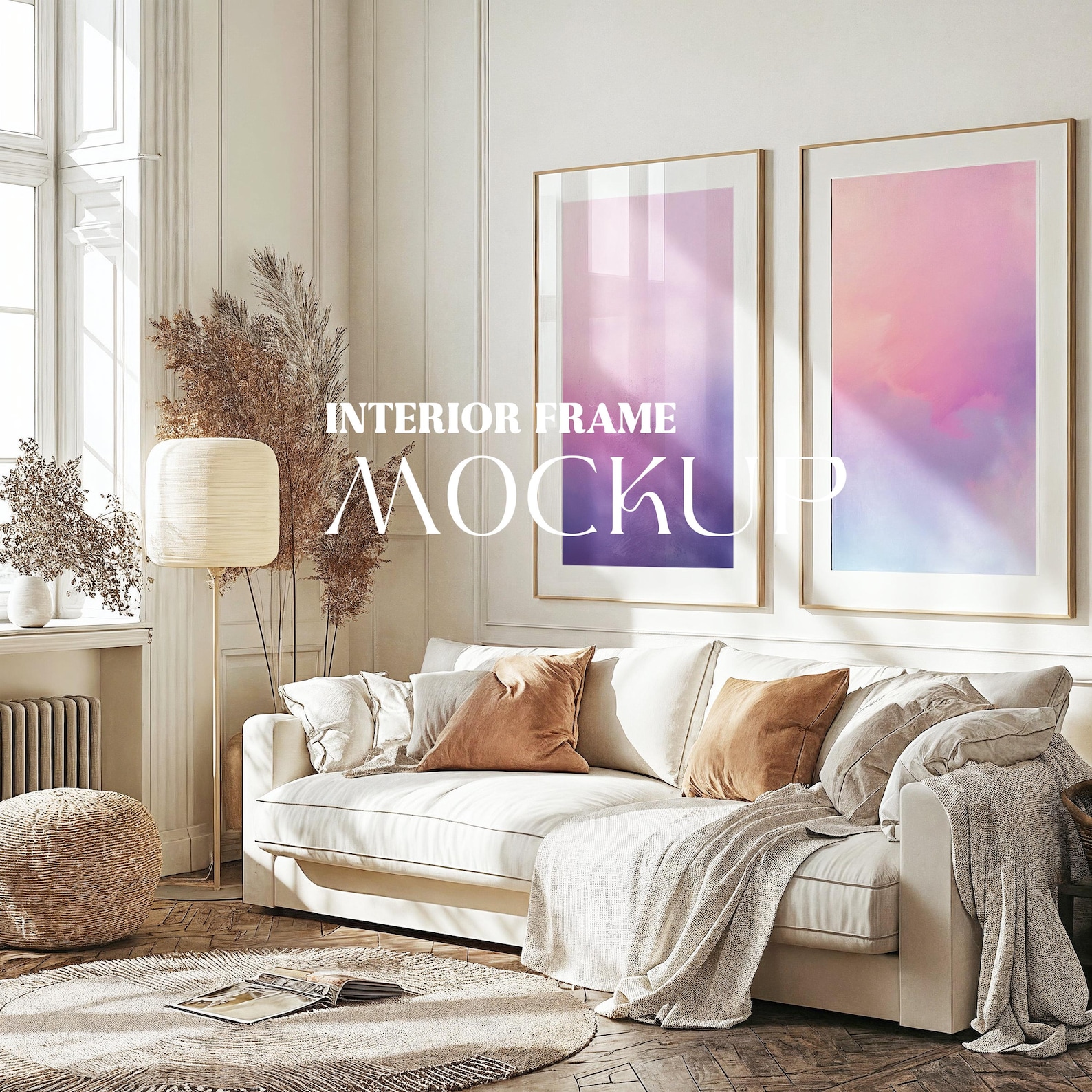 Two Glass Framed Posters Mockup Living Room.psd Template Art Display ...