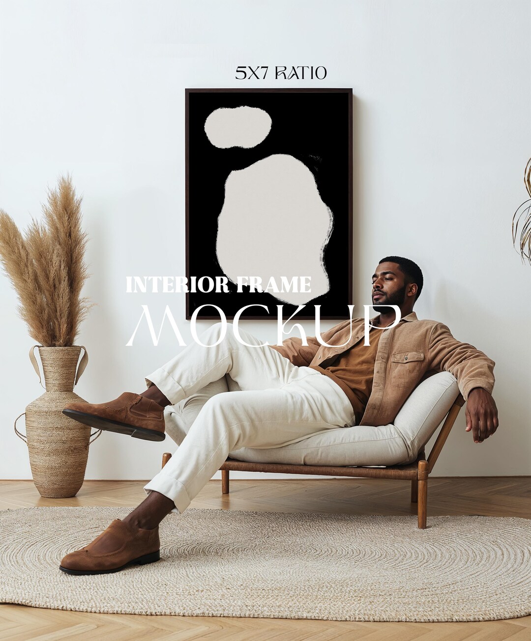 Framed Poster Mockup With Person. Man Sitting on Armchair. Vertical ...