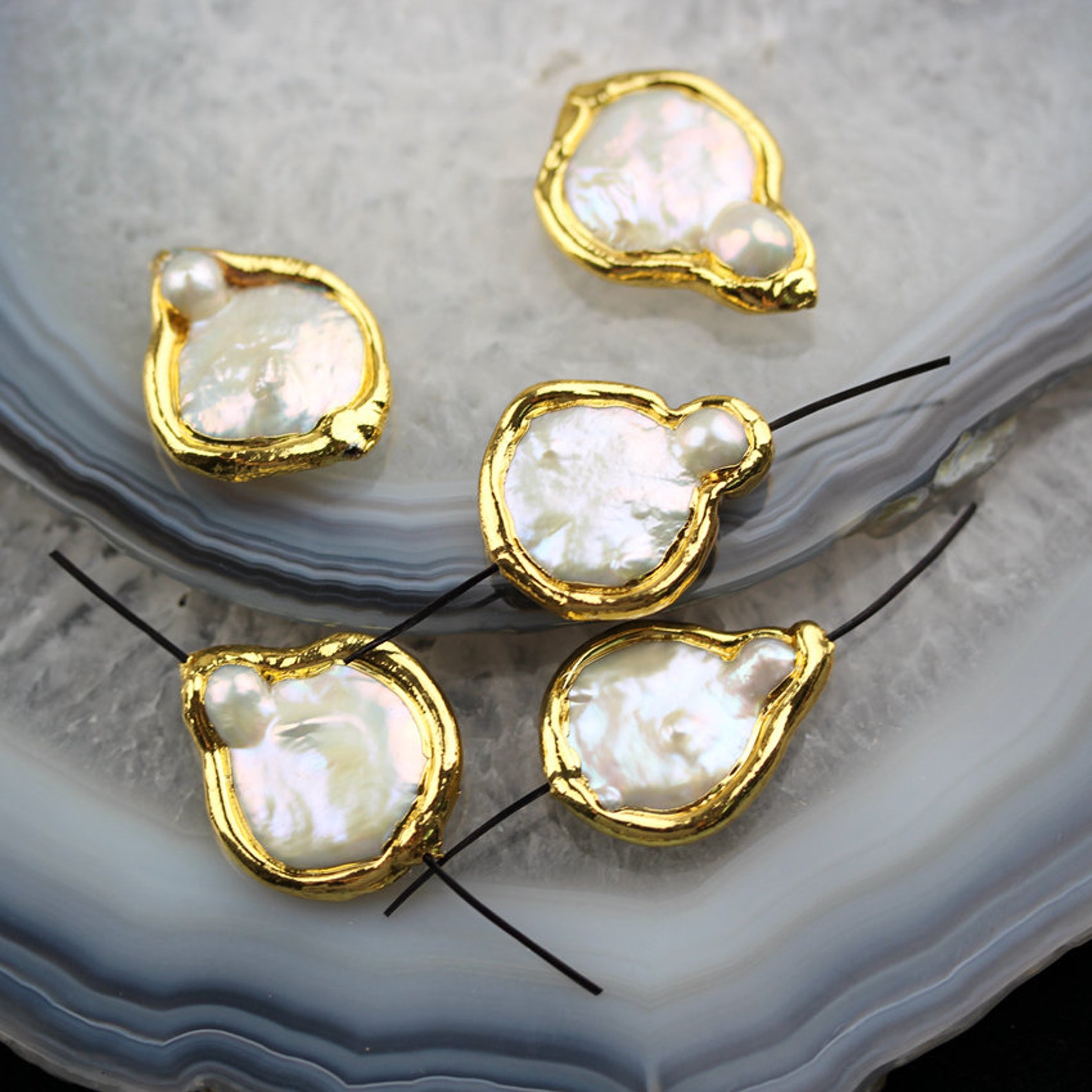 10pcs/lot Freeform Flat Drop White Pearl Shell With Gold - Etsy
