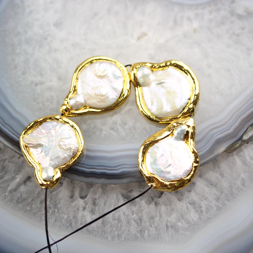 10pcs/lot Freeform Flat Drop White Pearl Shell With Gold - Etsy