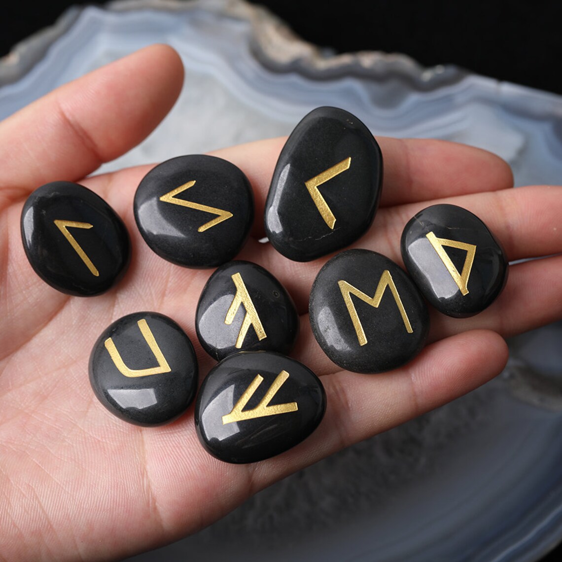25pcs Set Black Obsidian Rune Stones Healing Energy Chakra | Etsy