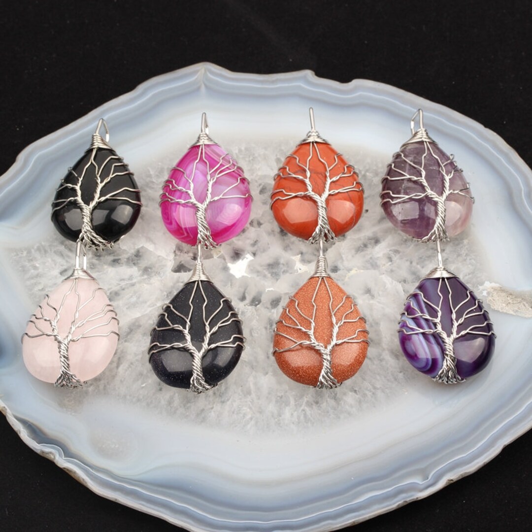 3-10pcs Drop Gemstone Tree of Life Teardrop Silver Pendants Healing ...