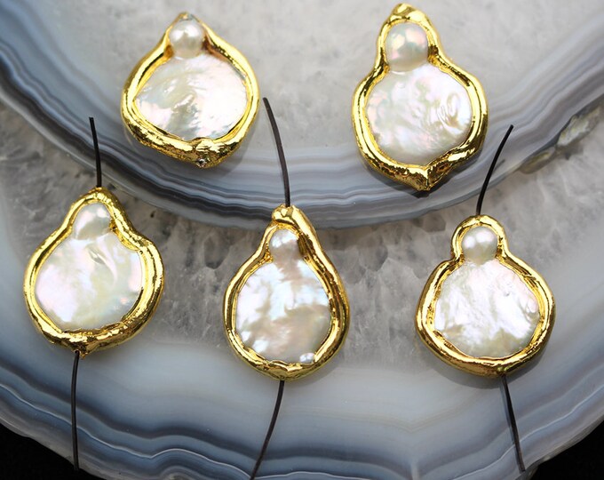 10pcs/lot Freeform Flat Drop White Pearl Shell With Gold Copper Plated ...