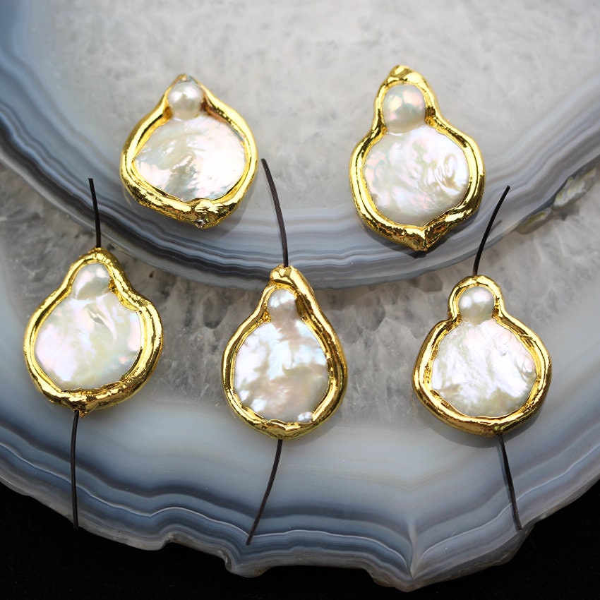 10pcs/lot Freeform Flat Drop White Pearl Shell With Gold - Etsy