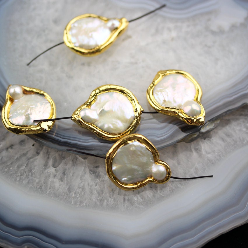 10pcs/lot Freeform Flat Drop White Pearl Shell With Gold - Etsy