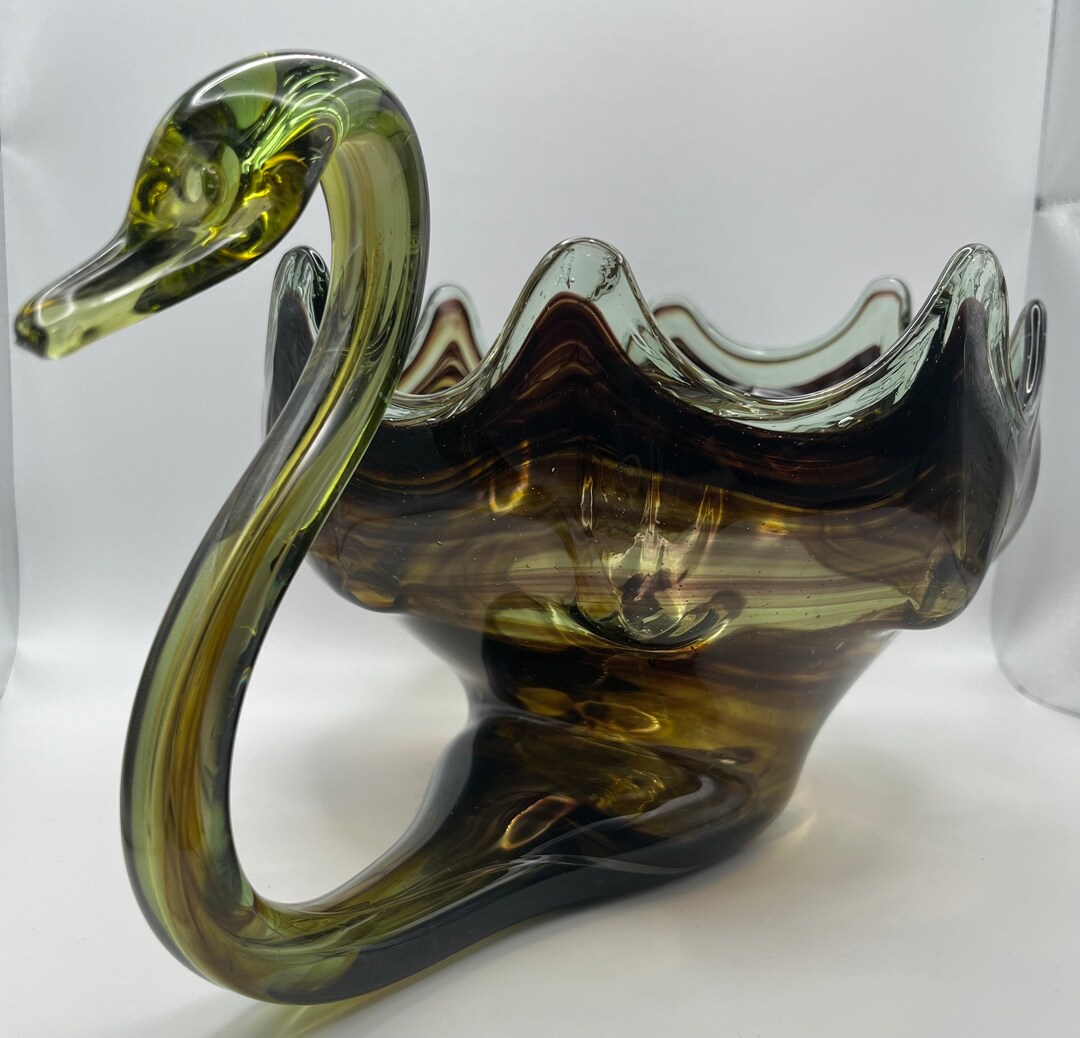 Vintage Carnival Glass Swan Swirl Olive Green Purple Amber Blown Candy ...