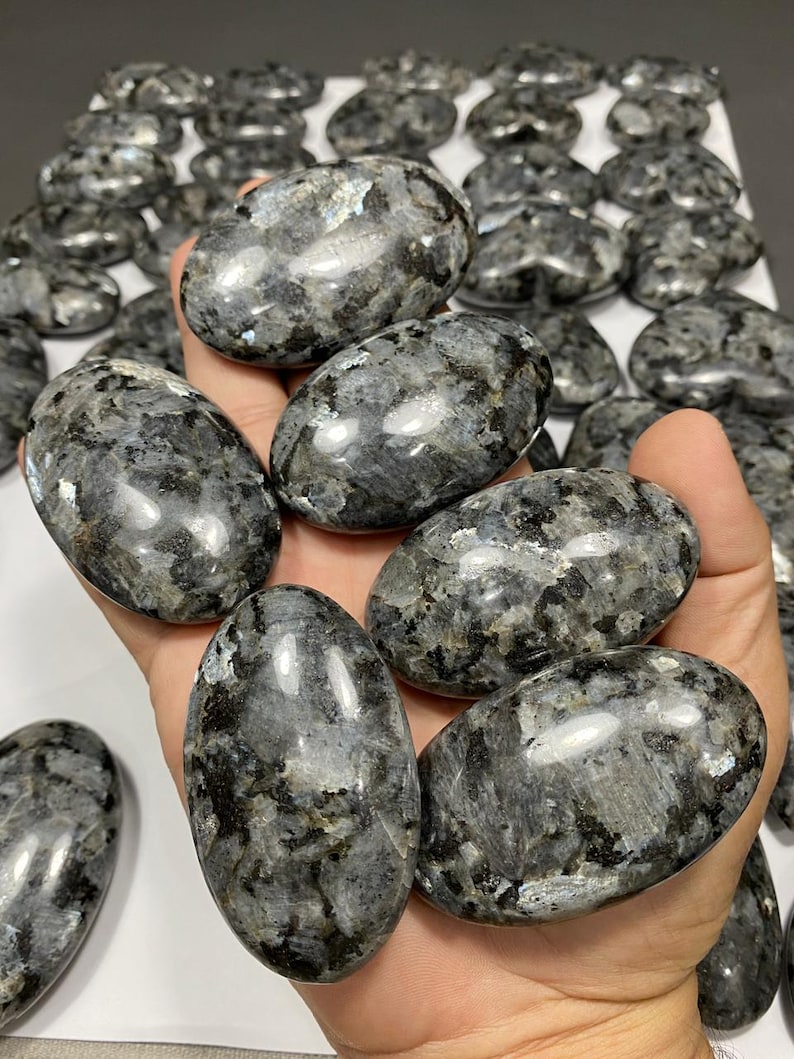 Natural Larvikite Palm Stones & Hearts – Blue Labradorite, Polished ...