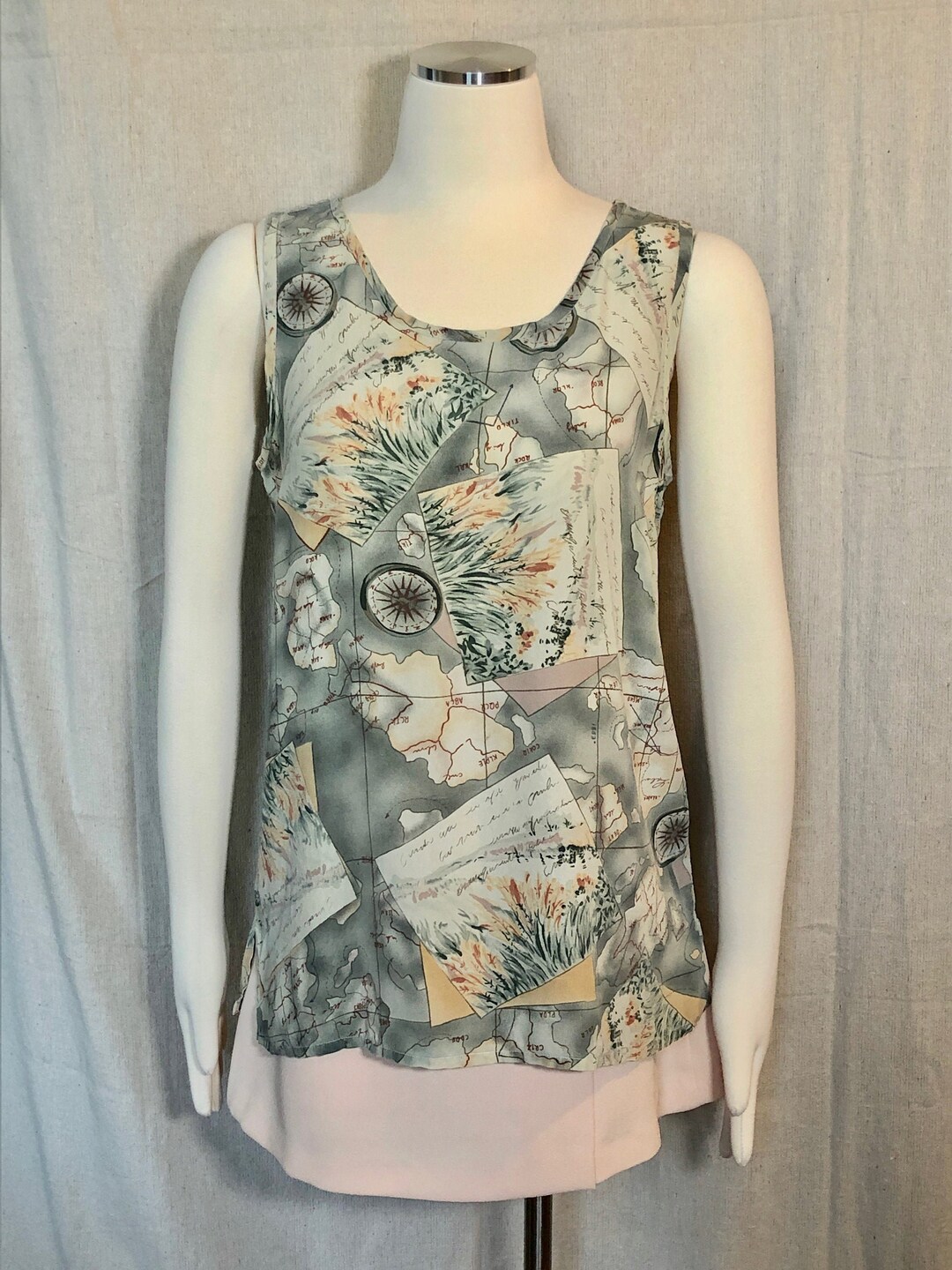 90s Sage Green Multi-colored Map Atlas Print Silk Tank M - Etsy