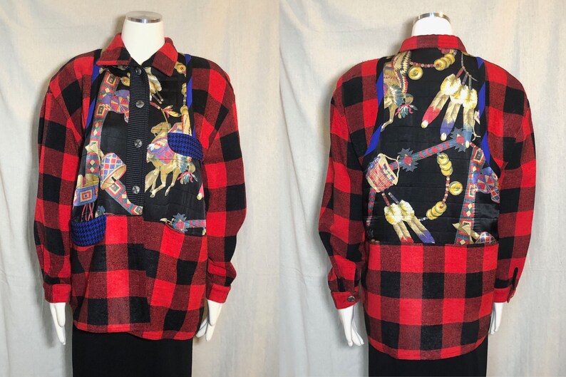 80s 90s Red Black Plaid Feather Appliqué Jacket XS - Etsy