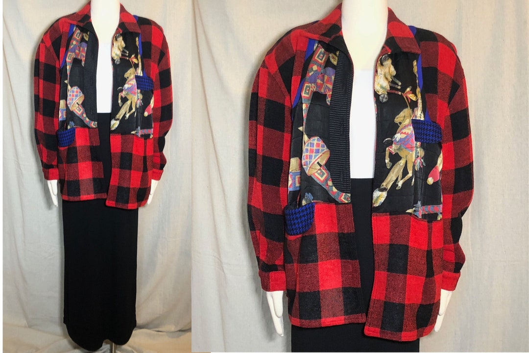 80s 90s Red Black Plaid Feather Appliqué Jacket XS - Etsy