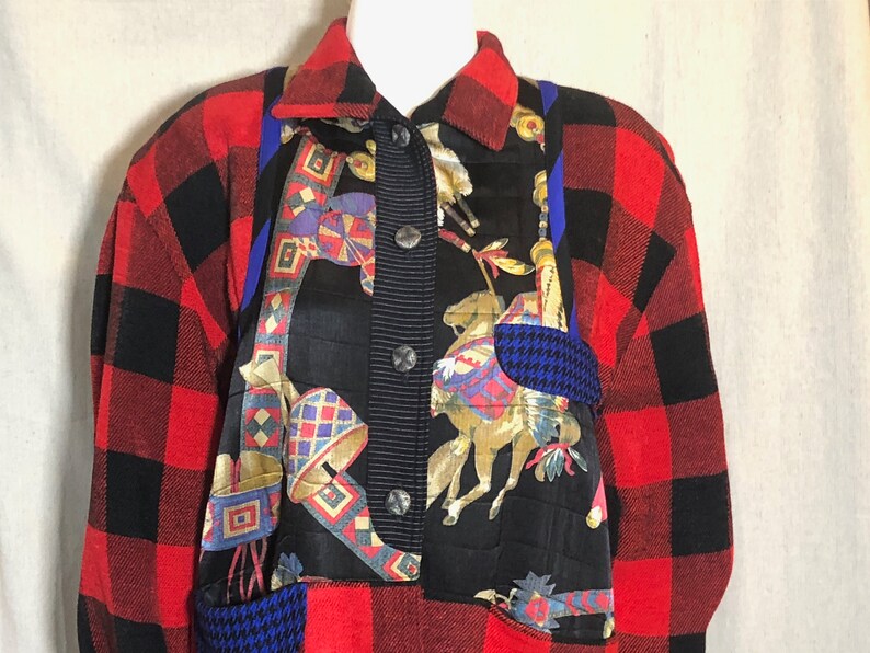 80s 90s Red Black Plaid Feather Appliqué Jacket XS - Etsy