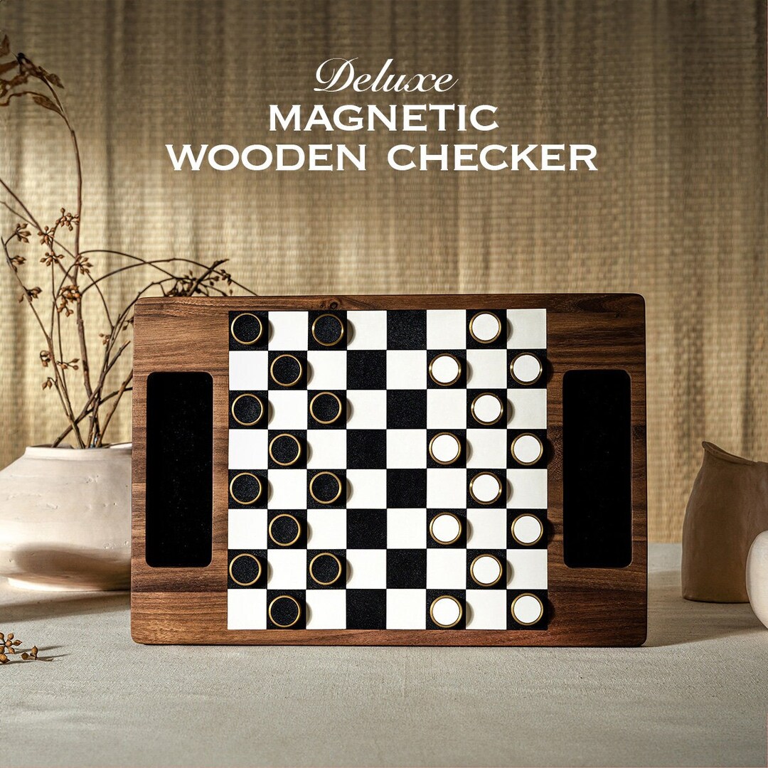 Premium Checkers Chess Set - Walnut, Brass and Leather Checker Chess ...