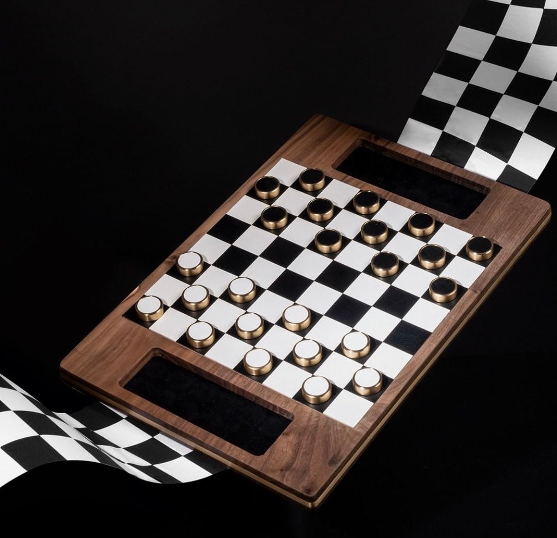 Premium Checkers Chess Set - Walnut, Brass and Leather Checker Chess ...