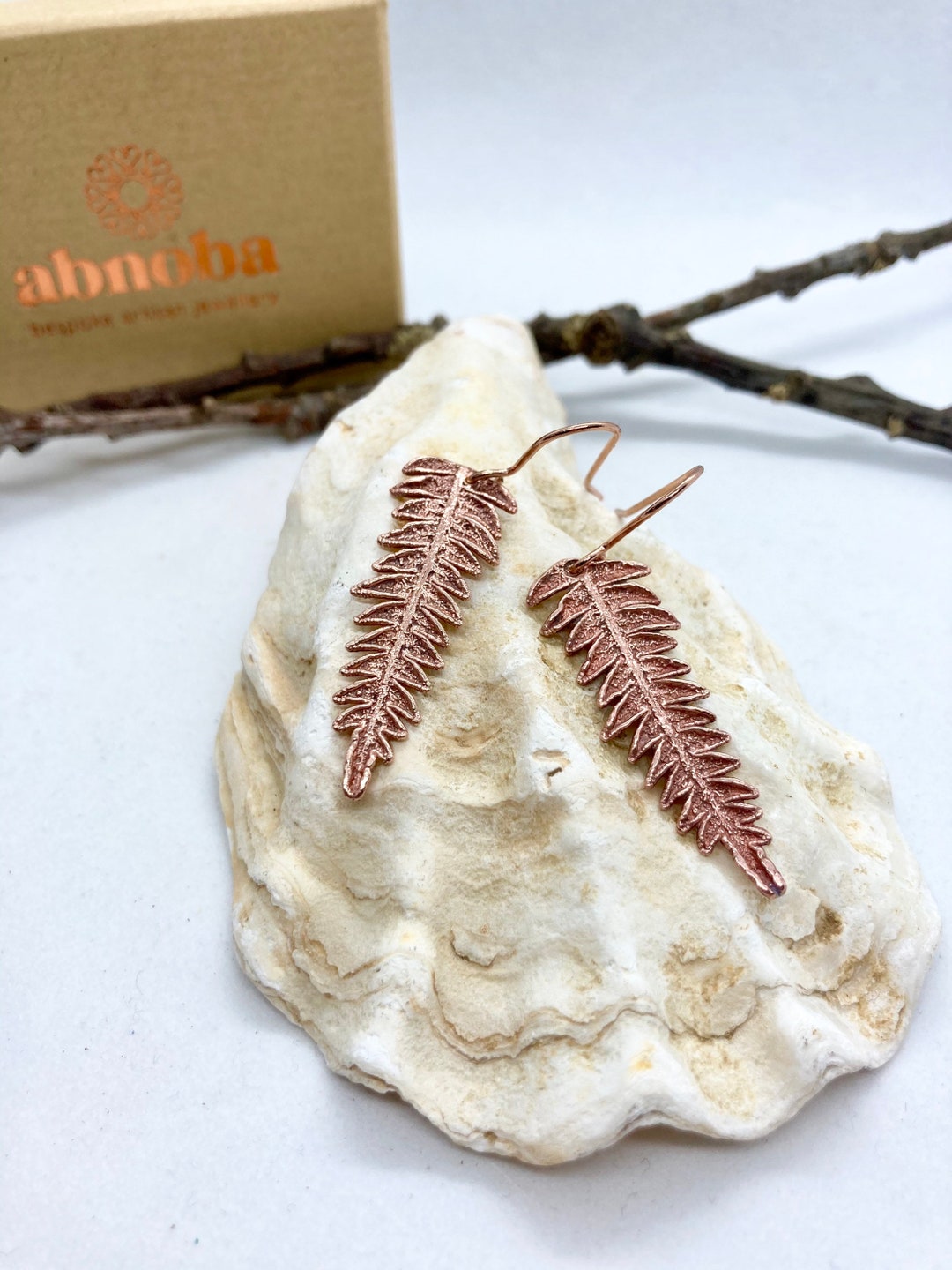 Copper Fern Drop Earrings on Rose Gold Plated Ear Wires, Bracken ...